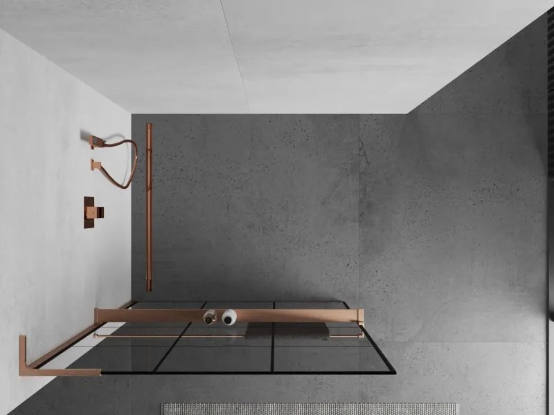 Mexen Kioto+ L, sprchová zástěna Walk-In s poličkou a věšákem 100 x 200 cm, 8mm čiré sklo černý vzor, měděný matný profil, 800-100-123-65-77