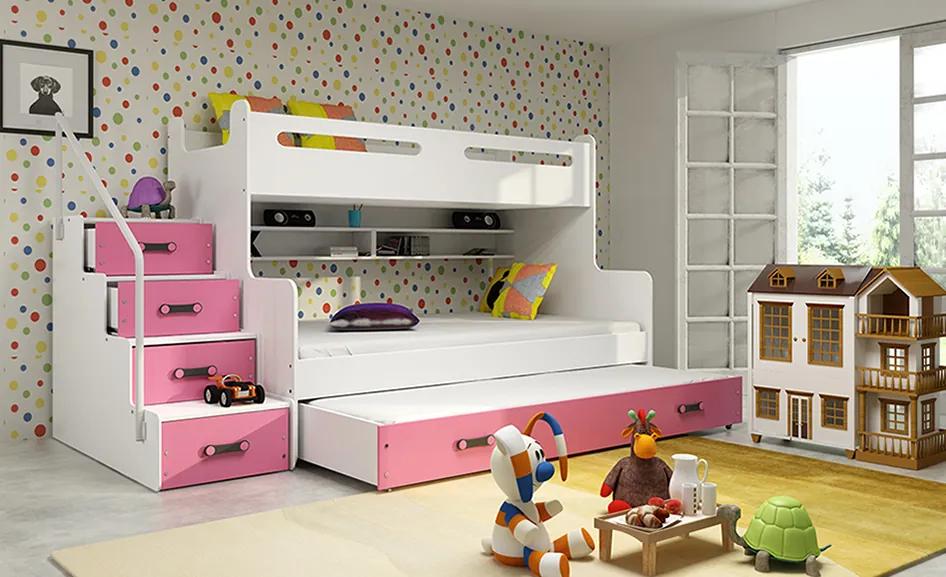 BMS Group Dětská multifunkční postel se schůdky a přistýlkou MAX 3 200x120 růžová Růžová