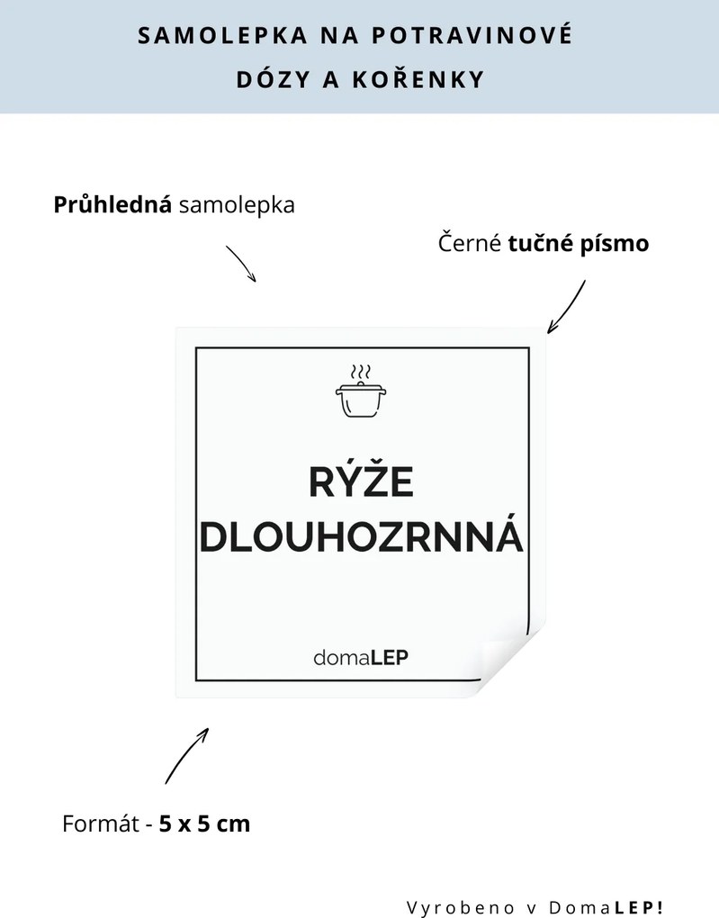 RÝŽE DLOUHOZRNNÁ – průhledná samolepka na dózu, tučnépísmo, 5 x 5 cm | DomaLEP
