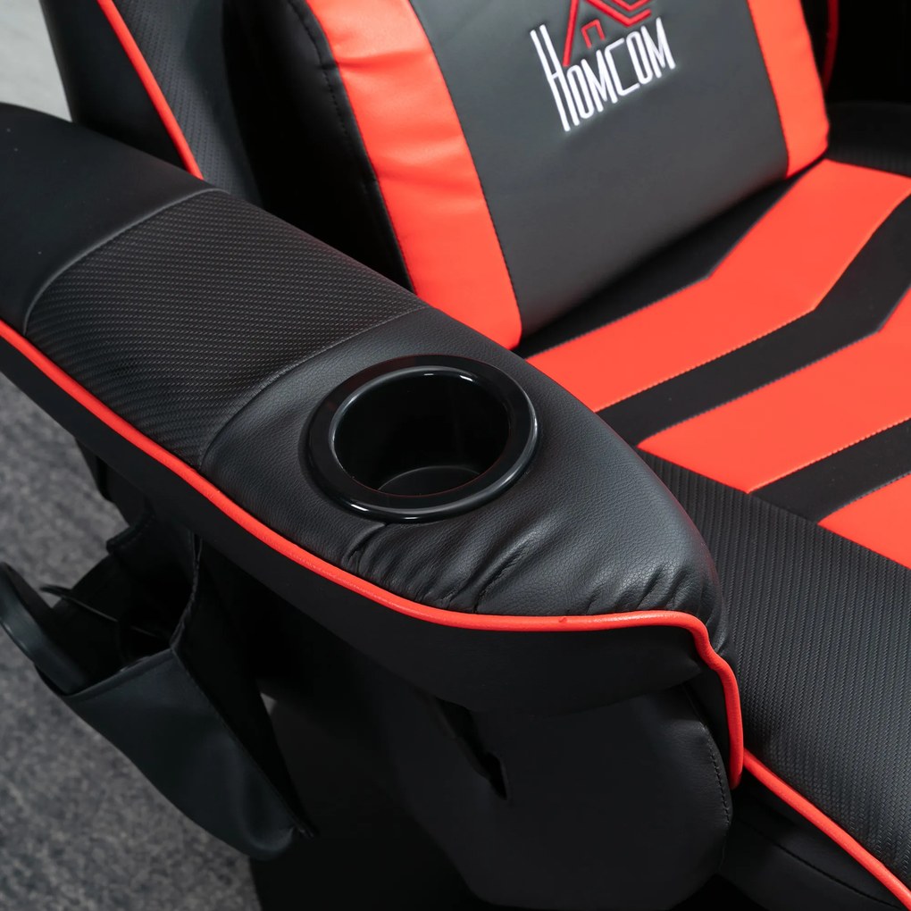 HOMCOM polohovací křeslo s masážní funkcí, ergonomické, lounge křeslo s vysokým opěradlem, polštářem, držákem na nápoje, TV křeslo, imitace kůže