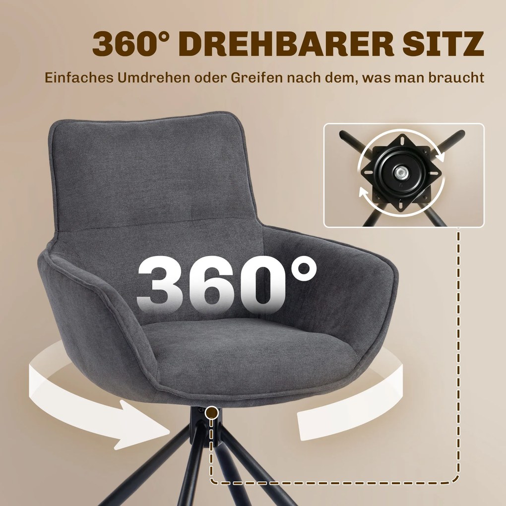 HOMCOM Sada 2 jídelních židlí, otočné, měkce polstrované, s područkami, kovové nohy, tmavě šedá