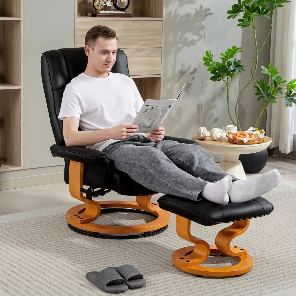 HOMCOM Relaxační křeslo s podnožkou, otočné a sklopné, potah z umělé kůže, do 150 kg, dřevěný rám, černá