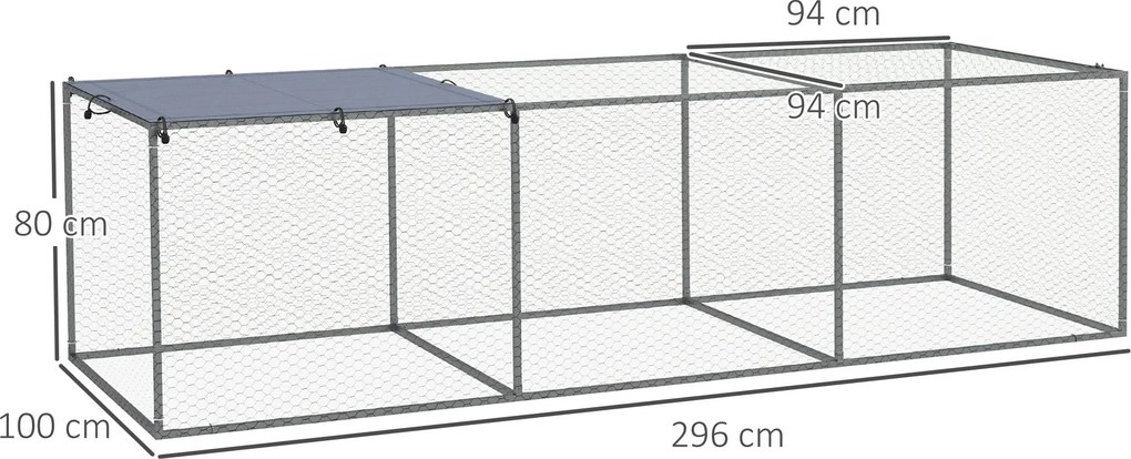PawHut Venkovní Kurník pro Králíky 3 m² pro Malá Zvířata 3 x 1 x 0,8 m Galvanizovaná Ocel, 1 Horní Dveře, Kryté Prostor Tarp