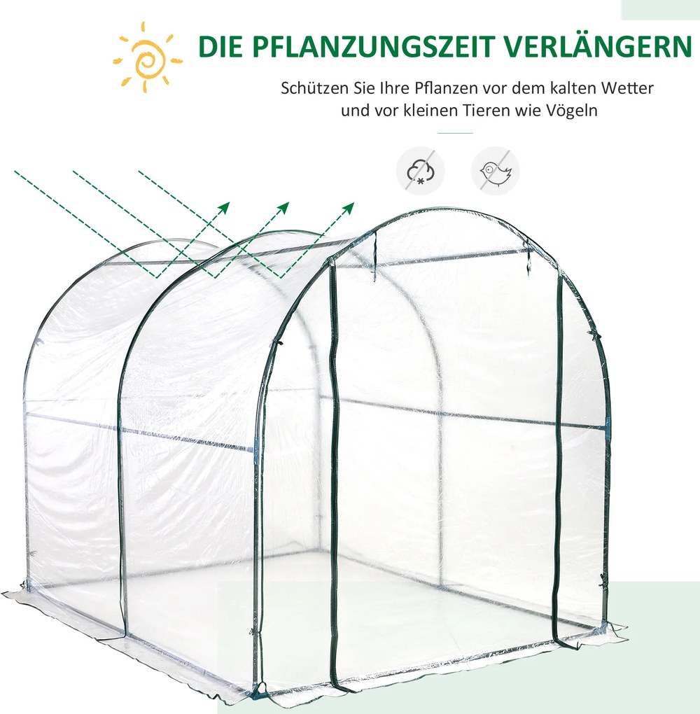 Outsunny Zahradní Tunelový Skleník, Balkonový Skleník pro Rostliny a Zeleninu s PVC Krytem, Rolovacími Dveřmi a Ocelovým Rámem, 2x2,5x2m