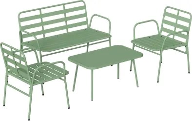 Outsunny venkovní zahradní nábytek z oceli, 4dílný, 2místná pohovka, 2 křesla, konferenční stolek, s lamelami, 112x60x75 cm, zelená