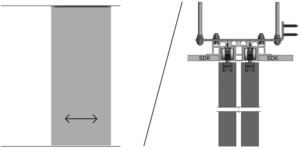 JAP Dvoukolejnicový posuv do stropu skrytý PREMIUM - podhled z obou stran - ELOX šířka průchodu/ délka kolejnice: 100/ 210 cm, typ kotvení: do zdi + závitové tyče