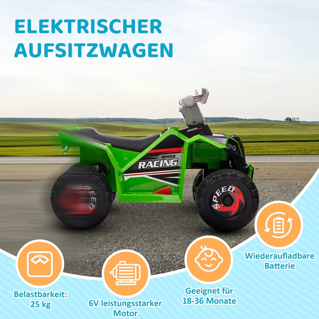 HOMCOM Elektrické Čtyřkolka pro Děti 18-36 Měsíců Elektrické Akumulátorové Vozidlo 6V s Přední a Zadní Rychlostí 2,5 km/h 70x41,5x48,5 cm Zelená