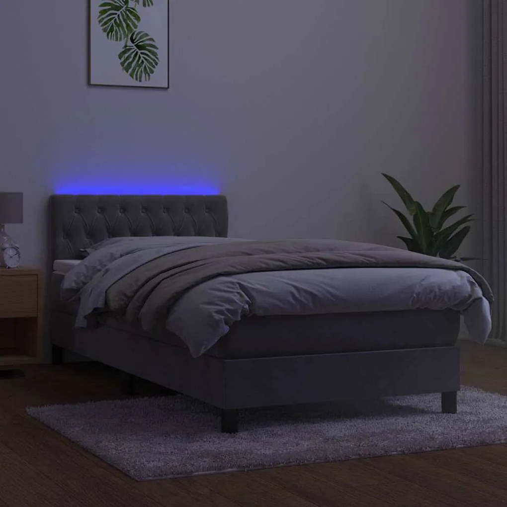 Box spring postel s matrací a LED světle šedá 100x200 cm samet 3134567