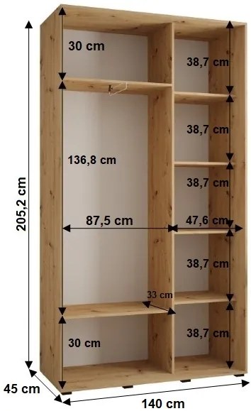 Šatní skříň Sapporo Abika 140/205,2/45 barevné provedení: černý mat + bílý mat+ černé lamely