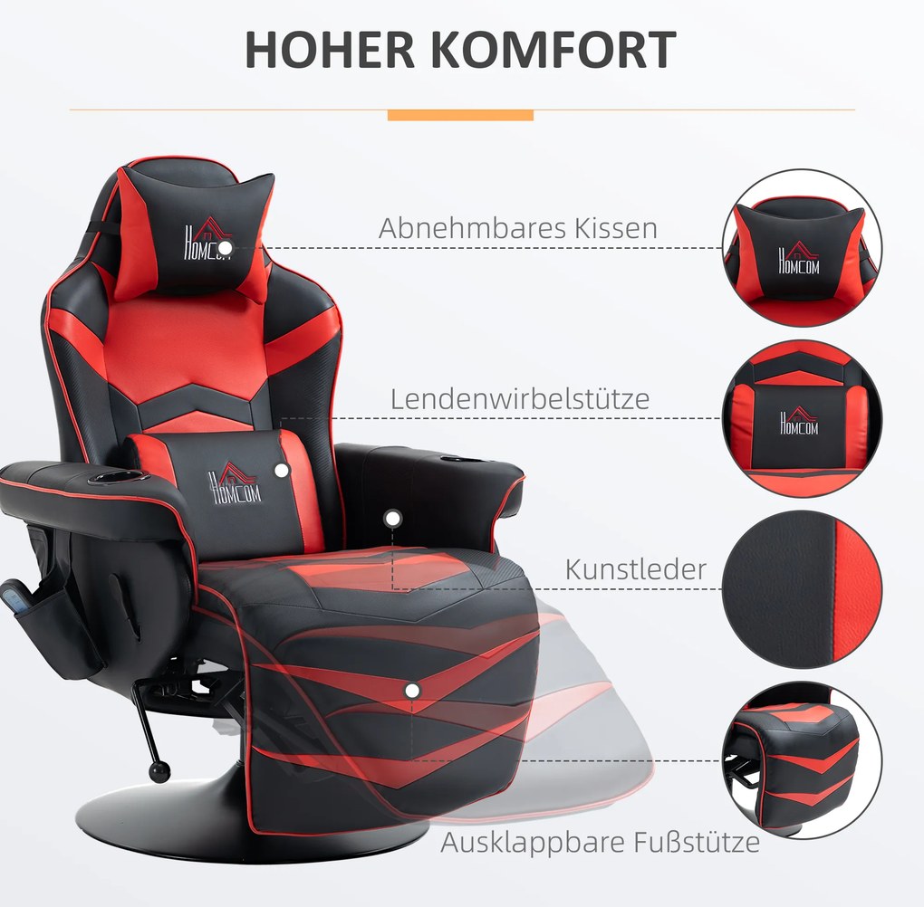 HOMCOM polohovací křeslo s masážní funkcí, ergonomické, lounge křeslo s vysokým opěradlem, polštářem, držákem na nápoje, TV křeslo, imitace kůže