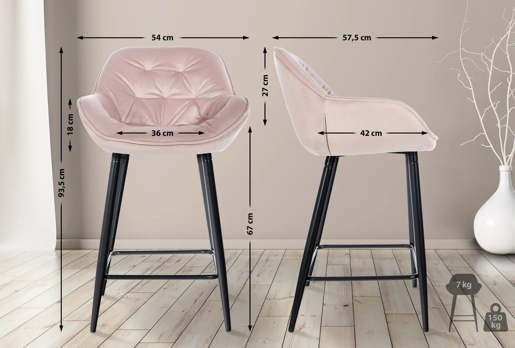 Sada 2 barových židlí Gibson samet – růžová
