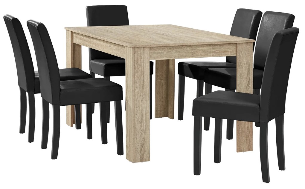 [en.casa] Jídelní set 1x jídelní stůl "Nora" HTFU-1401 dub světlý a 6x jídelní židle HTMY-9706 černá