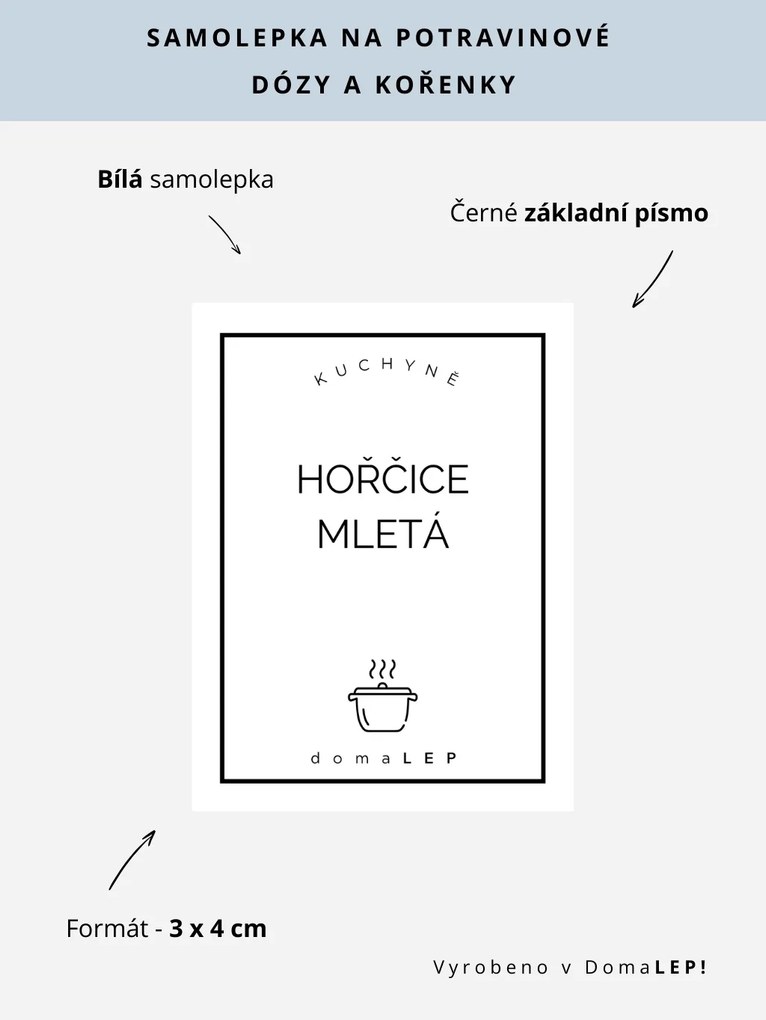 Samolepka na kořenky HOŘČICE MLETÁ bílá 3 × 4 cm základní písmo