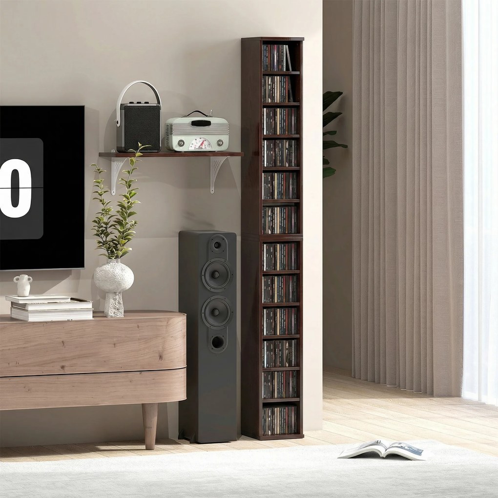 HOMCOM 2dílná sada sloupových regálů, úložný prostor na CD a DVD, 12 přihrádek, 21 x 22,5 x 88,5 cm, kapacita 204 CD, hnědá