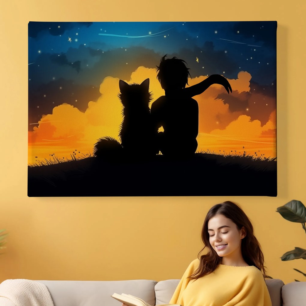 Obraz na plátně - Malý princ a liška pozorují nádherný západ slunce (siluety) FeelHappy.cz Velikost obrazu: 120 x 80 cm