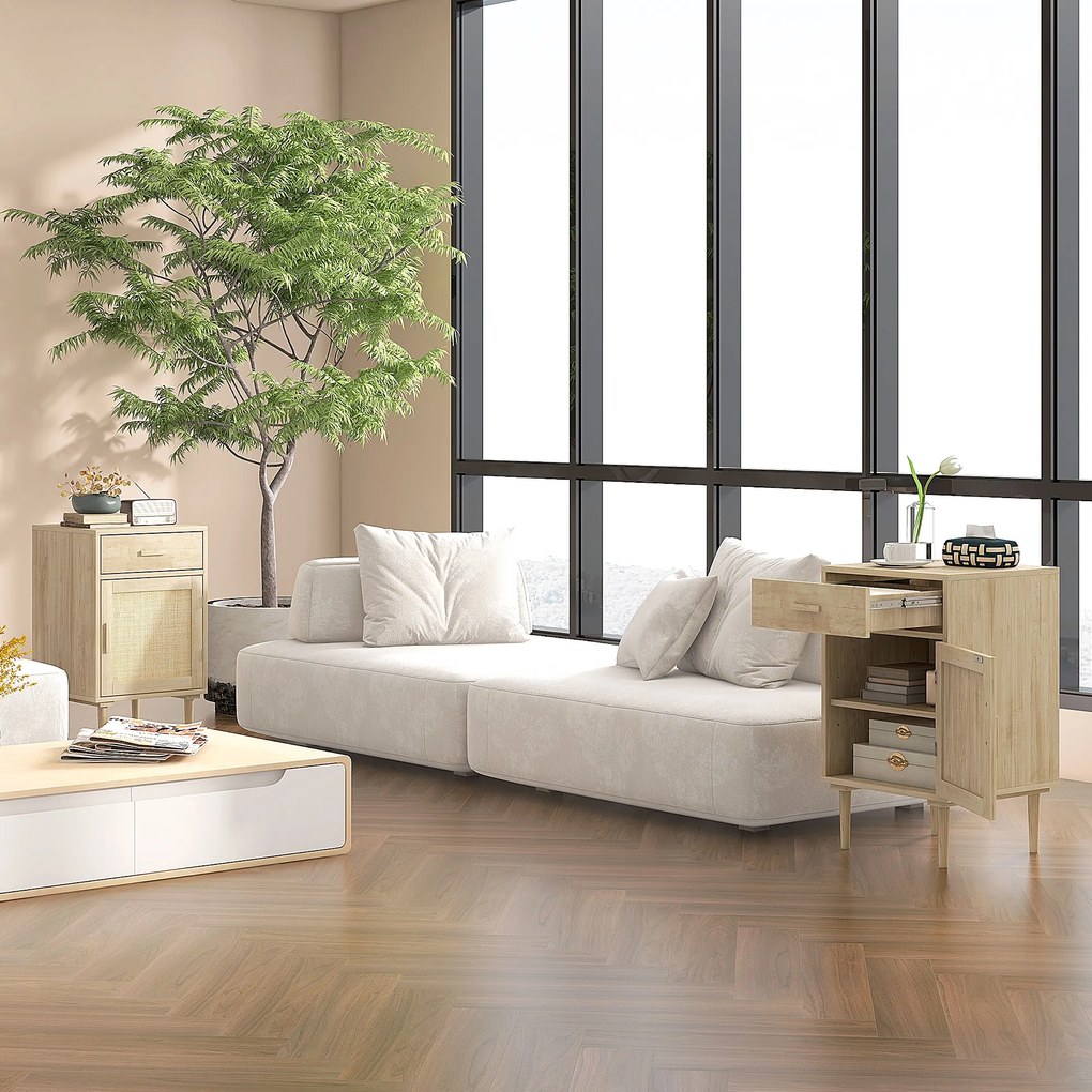 HOMCOM Noční stolek s ratanovými dvířky a policí + 1 zásuvka, bohémský design - 40 x 68,5 cm, přírodní