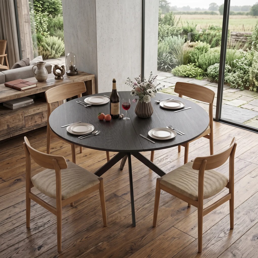 HOMCOM kulatý jídelní stůl pro 4, Ø120 cm, industriální styl s ocelovými X-nohami, pro jídelnu, kuchyni nebo domácí kancelář, černý
