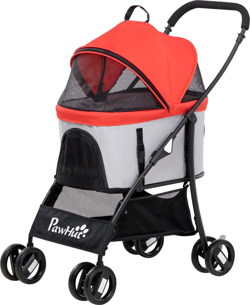 PawHut Skládací 3v1 Kočárek pro malé psy s odnímatelným vozíkem, úložným košíkem, bezpečnostními popruhy a polštářem, nosnost 15 kg, červený | Aosom