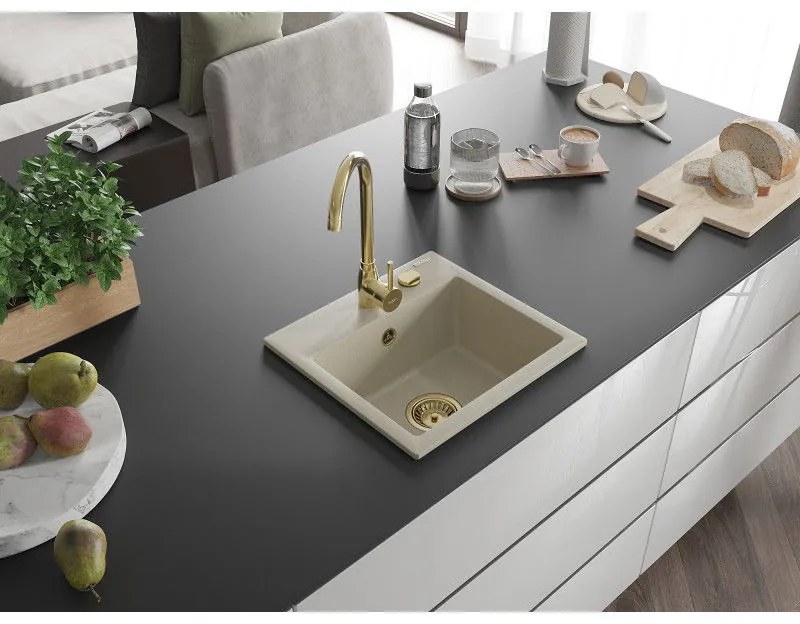 Mexen Milo, granitový dřez 435x410x171 mm, 1-komorový, béžová se zlatým sifonem, 6505441000-69-G