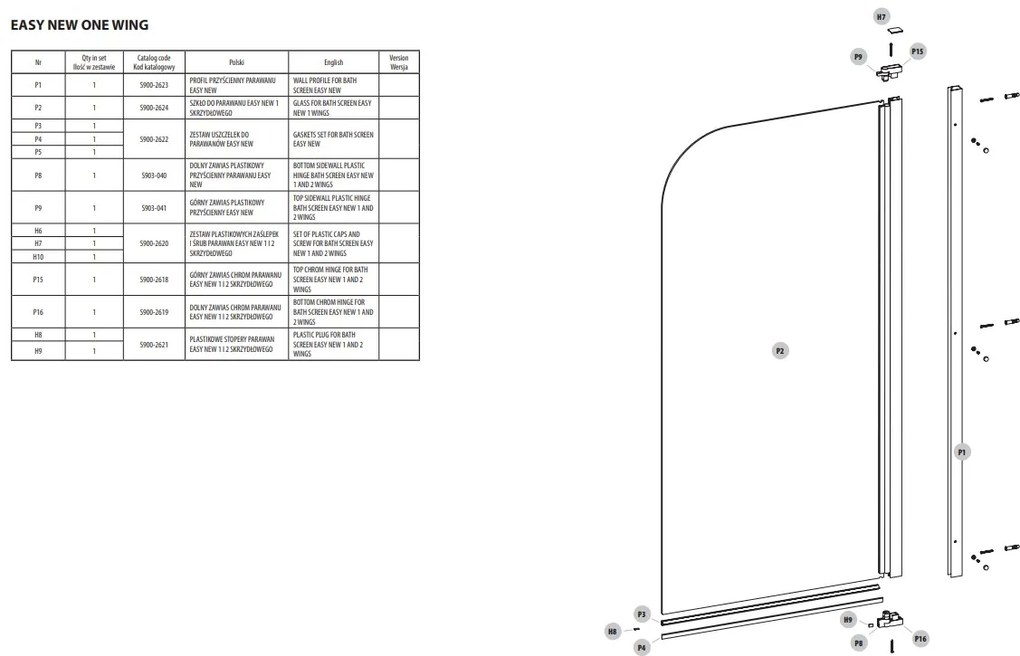 Cersanit Easy New, 1-křídlová vanová zástěna 70(délka) x 140(výška) cm, čiré sklo, chromový profil, S301-289