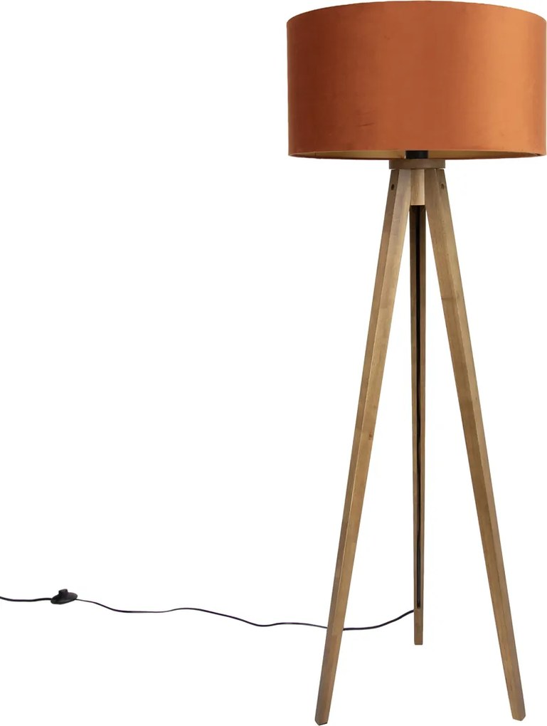 Dřevěná stojací lampa s oranžovým stínidlem a zlatým vnitřkem 50 cm - Tripod Classic