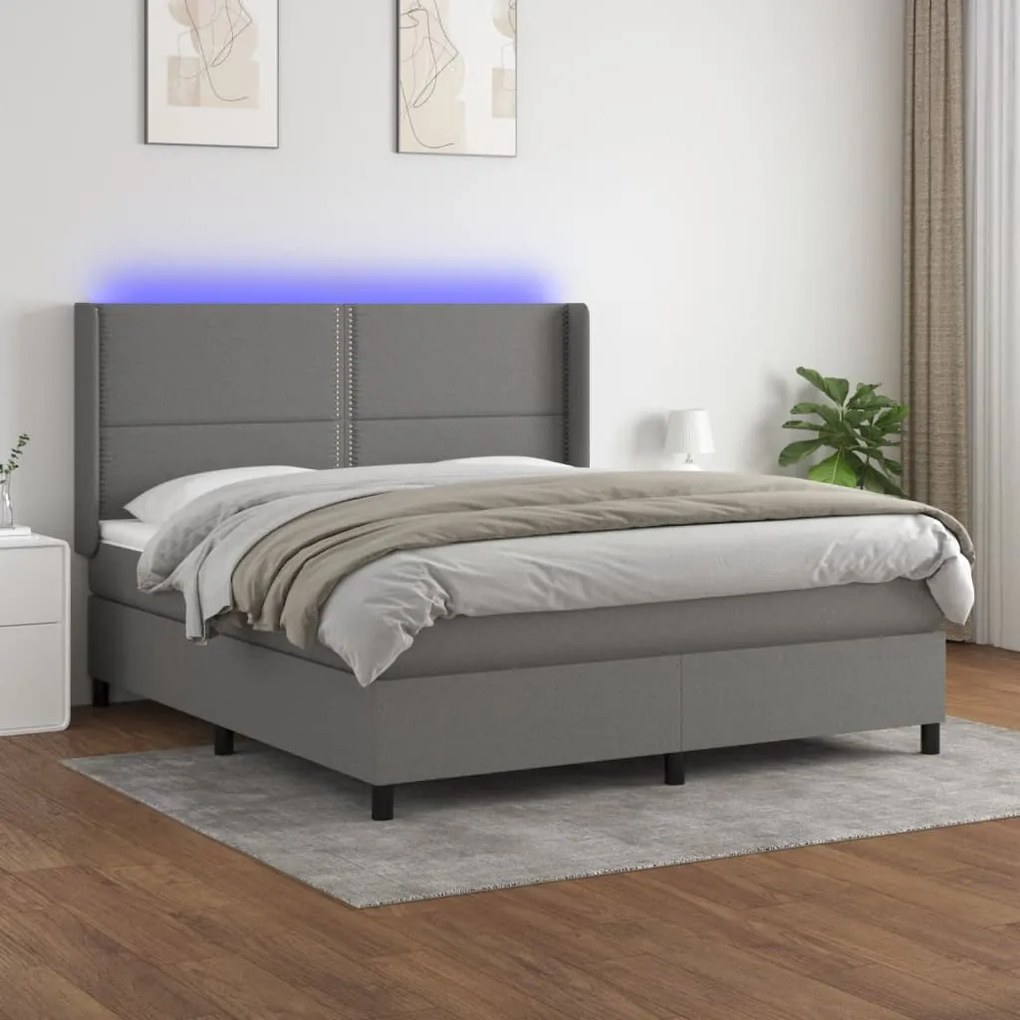 Box spring postel s matrací a LED tmavě šedá 160x200 cm textil