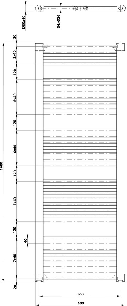 Aqualine Aqualine, DIRECT topné těleso s bočním připojením 600x1680 mm, černá matná, ILR66B