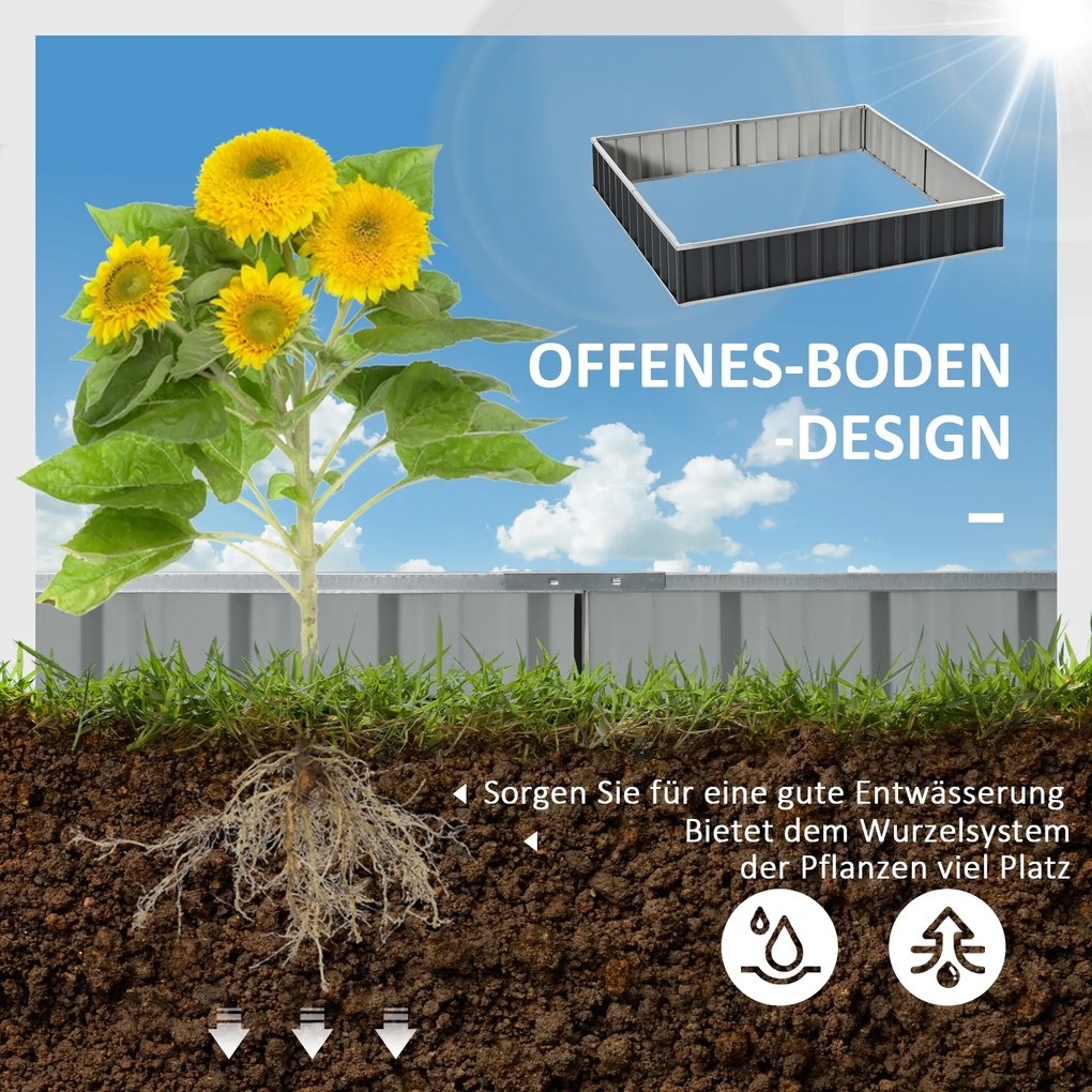 Outsunny DIY ocelový vyvýšený zahradní záhon ve tvaru T se štíty na rostliny a rukavicemi, tmavě šedý pro snadné zahradničení