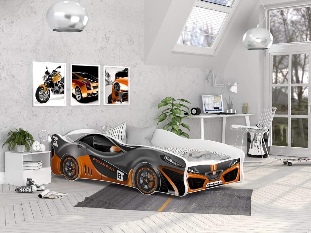 Svět pokojů Dětská postel auto 160 - formule oranžová Matrace: Ano
