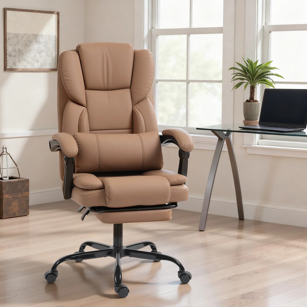 HOMCOM ergonomická kancelářská židle s opěrkou nohou — nastavitelná výška, bederní opora, 360° otáčení, eko-kůže přátelská k mazlíčkům, hnědá