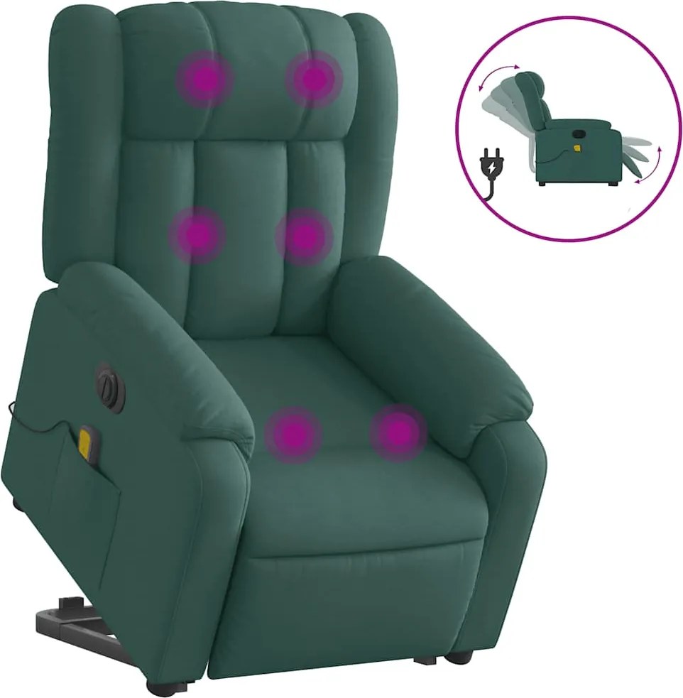 Elektrické zvedací masážní polohovací křeslo zelené textil 3205358