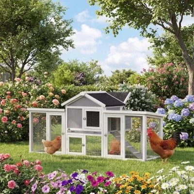 Slepičí kurník/králičí kurník PawHut model Chalet, multifunkční: rampy, hnízda, odkapávací miska, z masivního dřeva 204 x 85 x 93 cm, šedá