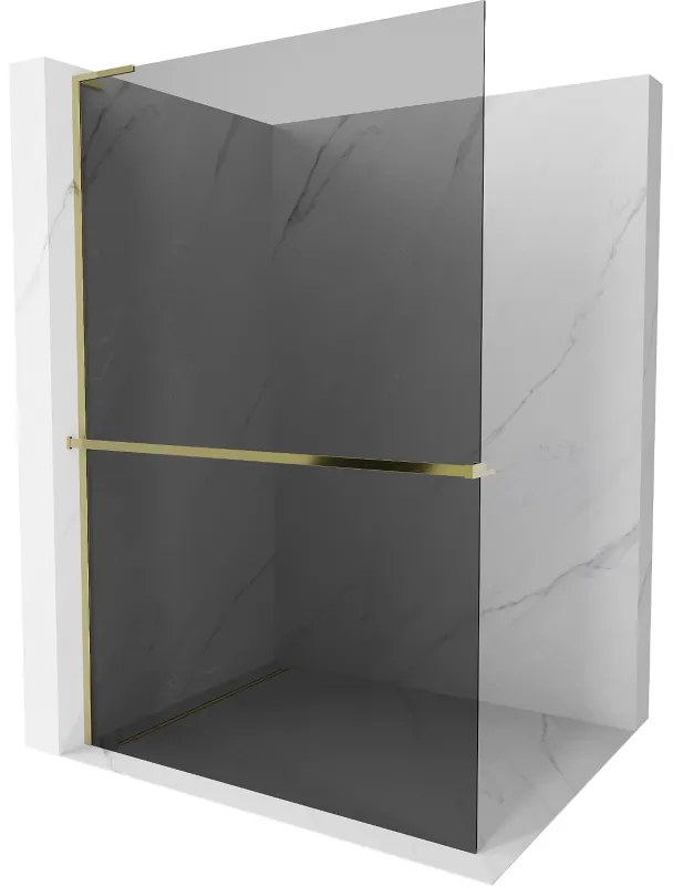 Mexen Kioto+ L, sprchová zástěna Walk-In s poličkou a věšákem 90 x 200 cm, 8mm šedé sklo, zlatý lesklý profil, 800-090-123-50-40