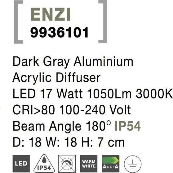 NV 9936101 Venkovní nástěnné svítidlo ENZI tmavě šedý hliník akrylový difuzor LED 15W 3000K 100-240V 180st. IP54 - NOVA LUCE