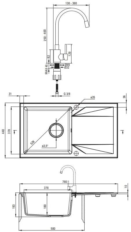 Deante Evora, 1-komorový granitový dřez s odkapávačem 780x440x193 mm a kuchyňská baterie Luno s flexibilním ramenem, černá, DEA-ZQJJN113