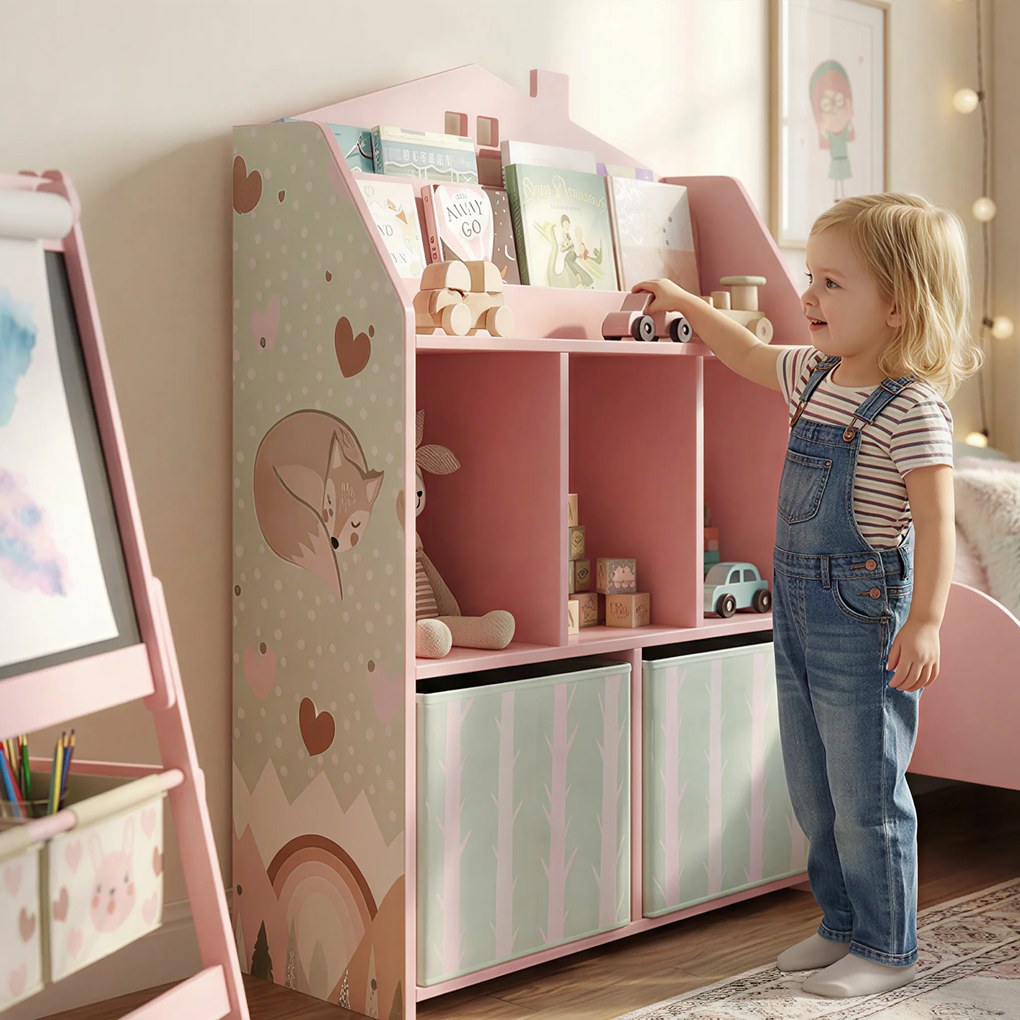 Dětský regál Dětský regál se 2 látkovými zásuvkami otevřený Regál pro 3-8 let 62,5x30x91,5 cm Růžový