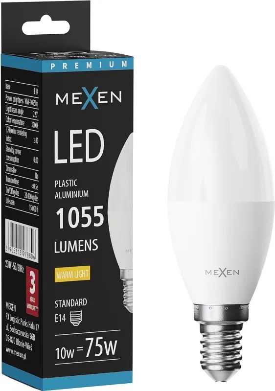 Mexen Nova, LED žárovka E14, C37, 9W, teplá - 3000K, 945 lm - L102-E14-1030-01