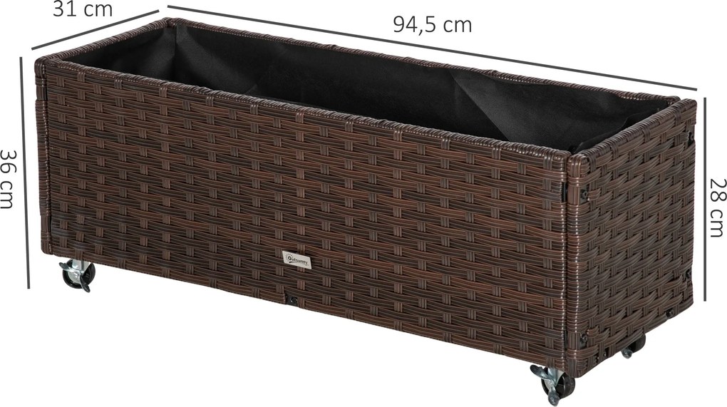 Zvednutý záhon Outsunny z poly ratanového materiálu s kolečky a odvodňovacími otvory, květináč Kávově hnědá 94,5 x 31 x 36 cm