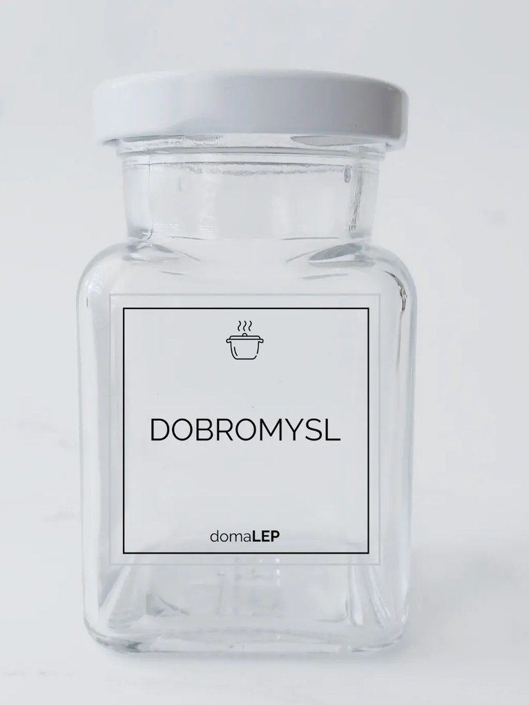 Samolepka na kořenky DOBROMYSL průhledná 5 × 5 cm základní písmo