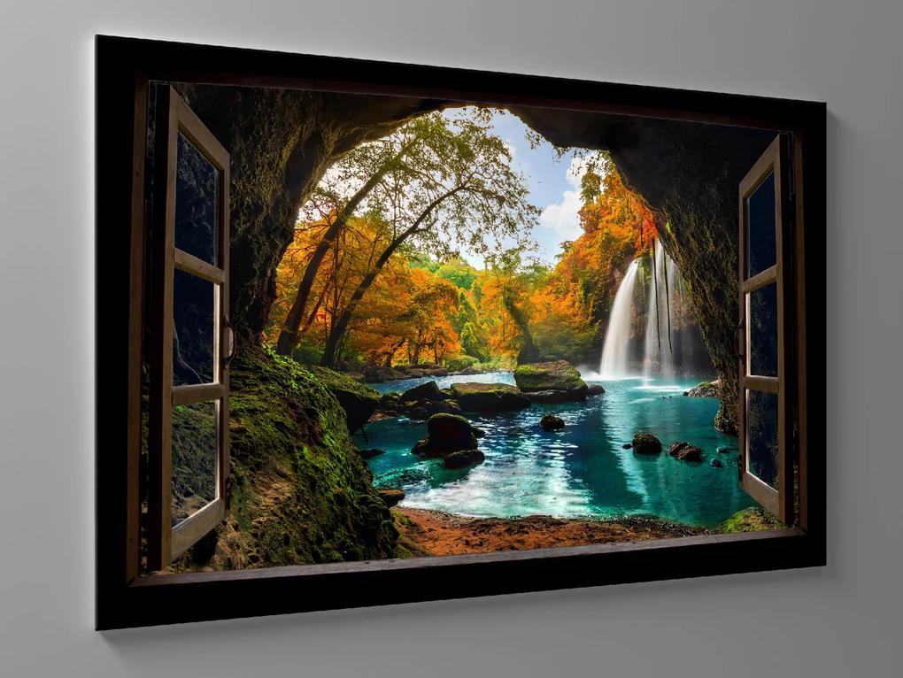 Liox 3D obraz okno pohled na vodopád Rozměr: 40 x 25 cm