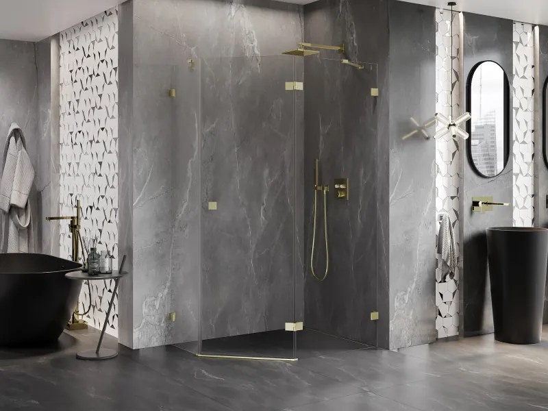 Mexen Lunar, pravý výklopný pětiúhelníkový sprchový kout 100 x 80 cm, 8mm čiré sklo, zlatý matný profil, 831-100P-080L-55-00-P