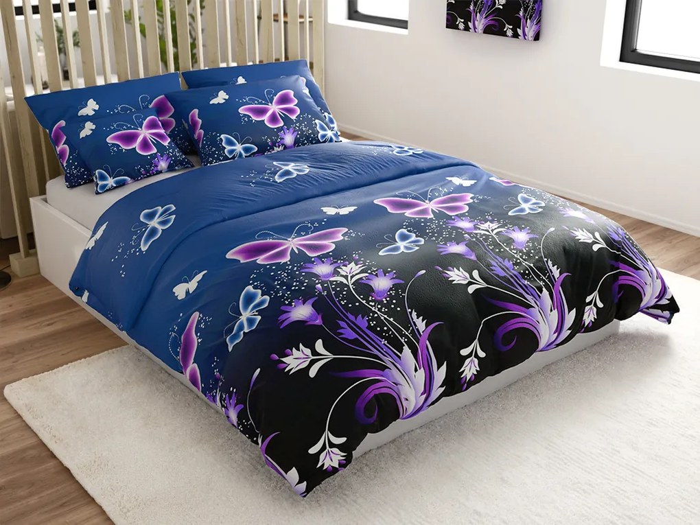 Sada mikroplyšového povlečení VIOLET BUTTERFLY tmavě modré + prostěradlo mikroplyš SOFT 180x200 cm bílé, dvoulůžko