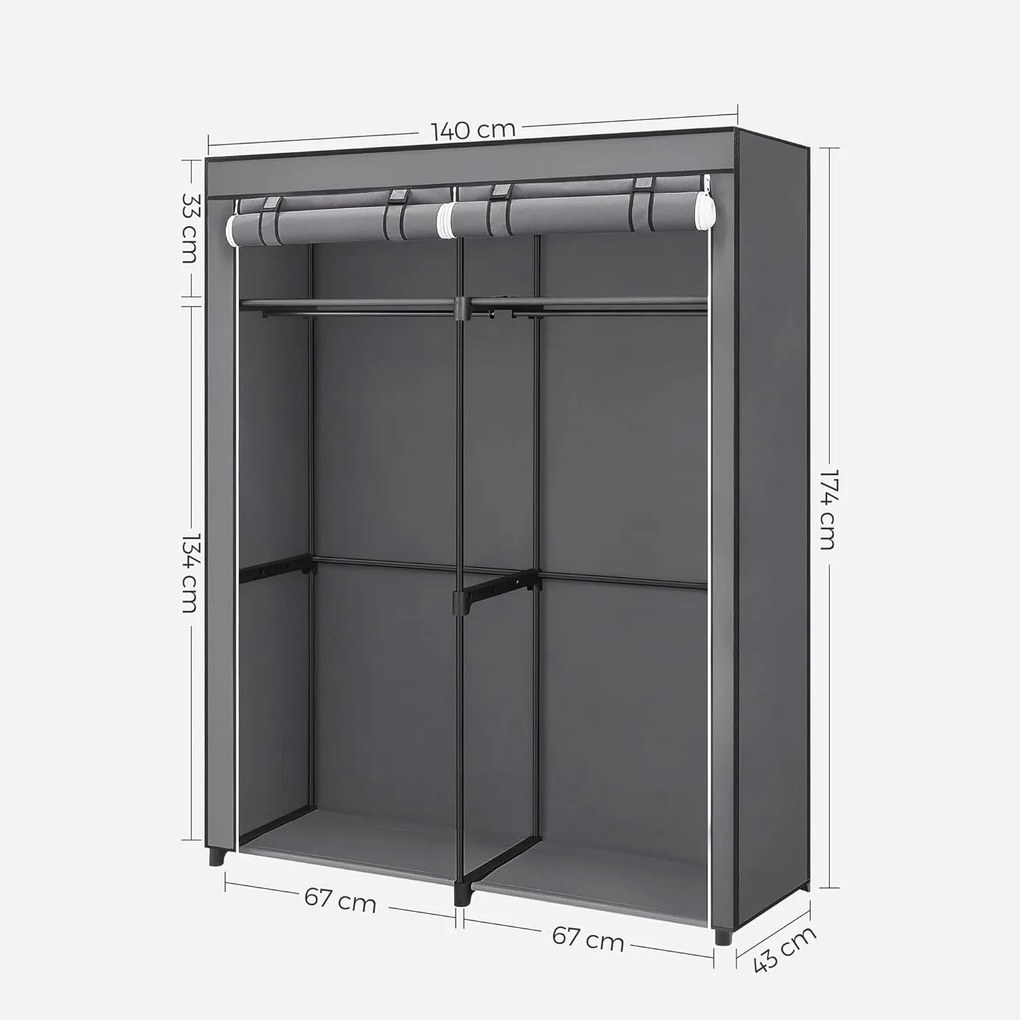 Organizér na oblečení, mobilní textilní šatní skříň s háčky 140 x 43 x 174 cm, šedá