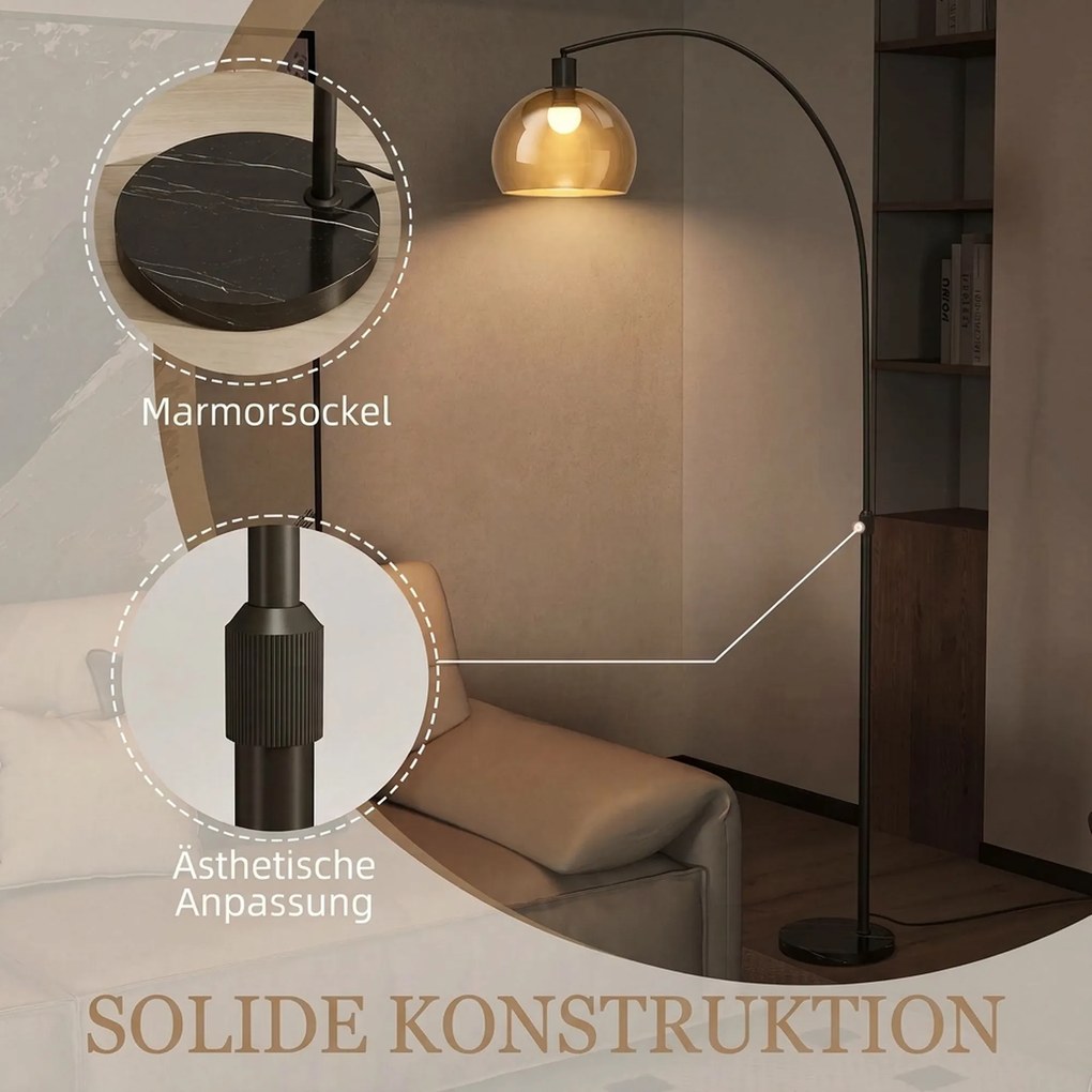HOMCOM Stojací lampa, ohnutá hlava, nožní spínač, mramorový podstavec, plastový stínidlo, šedá
