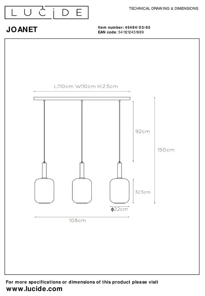 Lucide 45494/03/65 závěsné svítidlo Joanet kouřově šedé, 3xE27, 108cm