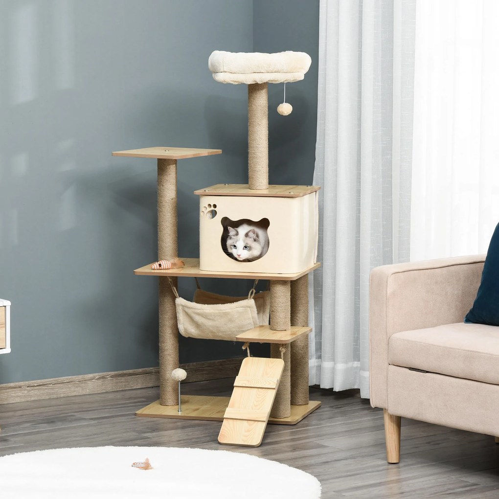 PawHut dřevěný kočičí strom s prolézačkou a kočičí jeskyní, jutové špalky, míčky na hraní, žlutý, 60x40x130cm pro aktivní kočky
