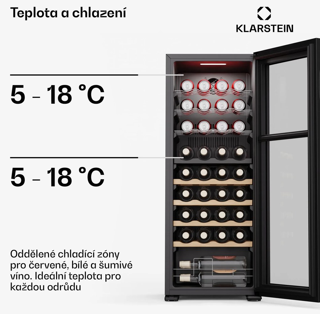 Klarstein Chladnička na víno Bovella 36 Duo+, 2 v 1, 36 lahví, 2 zóny, 7 polic, Dotykové ovládání