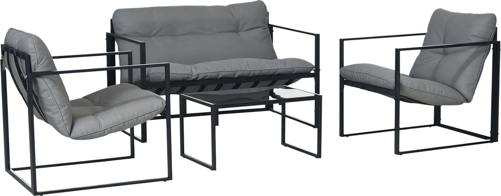 Sada zahradního nábytku Outsunny pro 4 osoby - ocelová a povětrnostním vlivům odolná sada nábytku na balkon s 2-místnou pohovkou, křeslem a skleněným