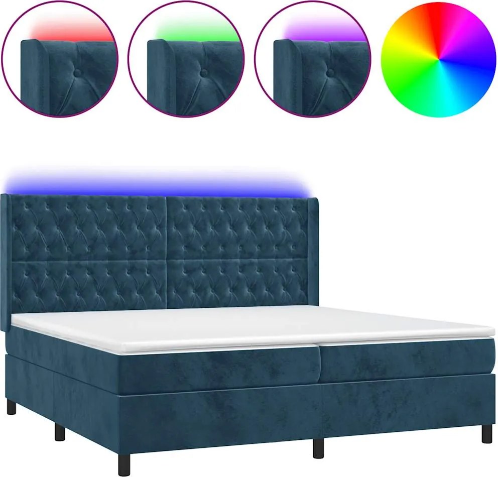 Box spring postel s matrací a LED tmavě modrá 200x200 cm samet 3139767