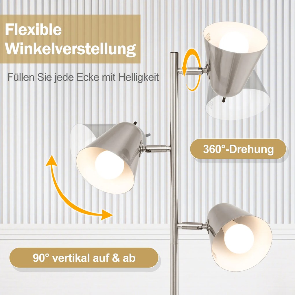 Costway Stojací lampa 163 cm s 3 E27 žárovkami a 360° nastavitelnými stínidly